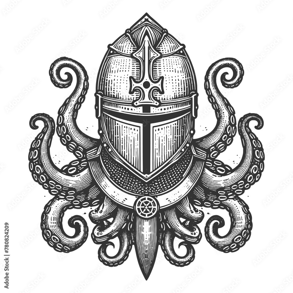 knight helmet atop a tangle of octopus tentacles, blending medieval ...