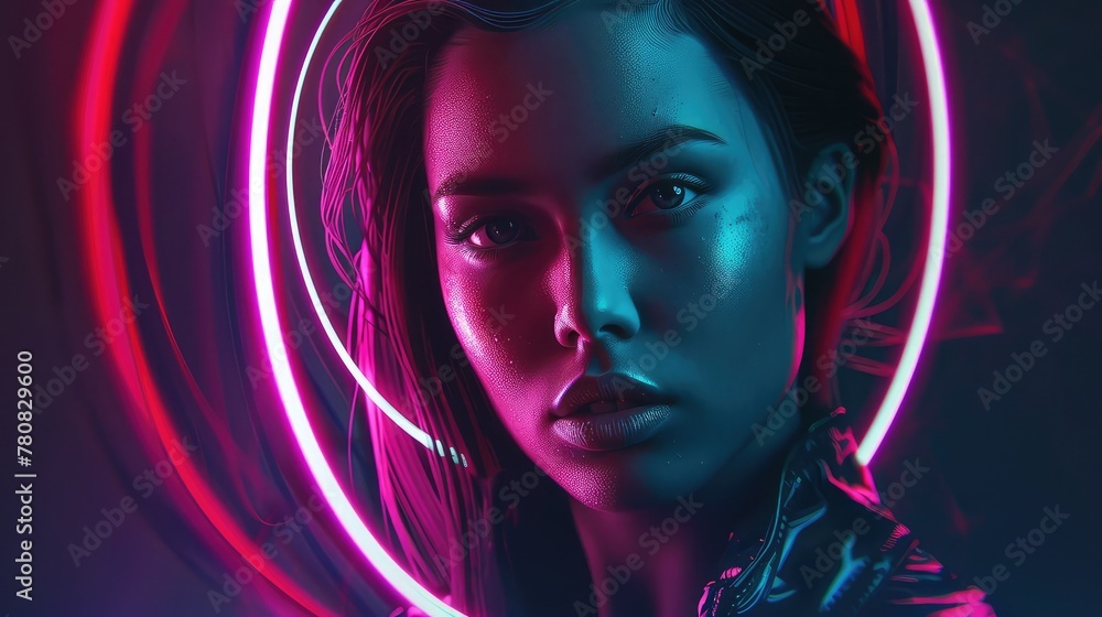 Futuristic Neon Style Portrait: A Beautiful Woman as a Music Album ...