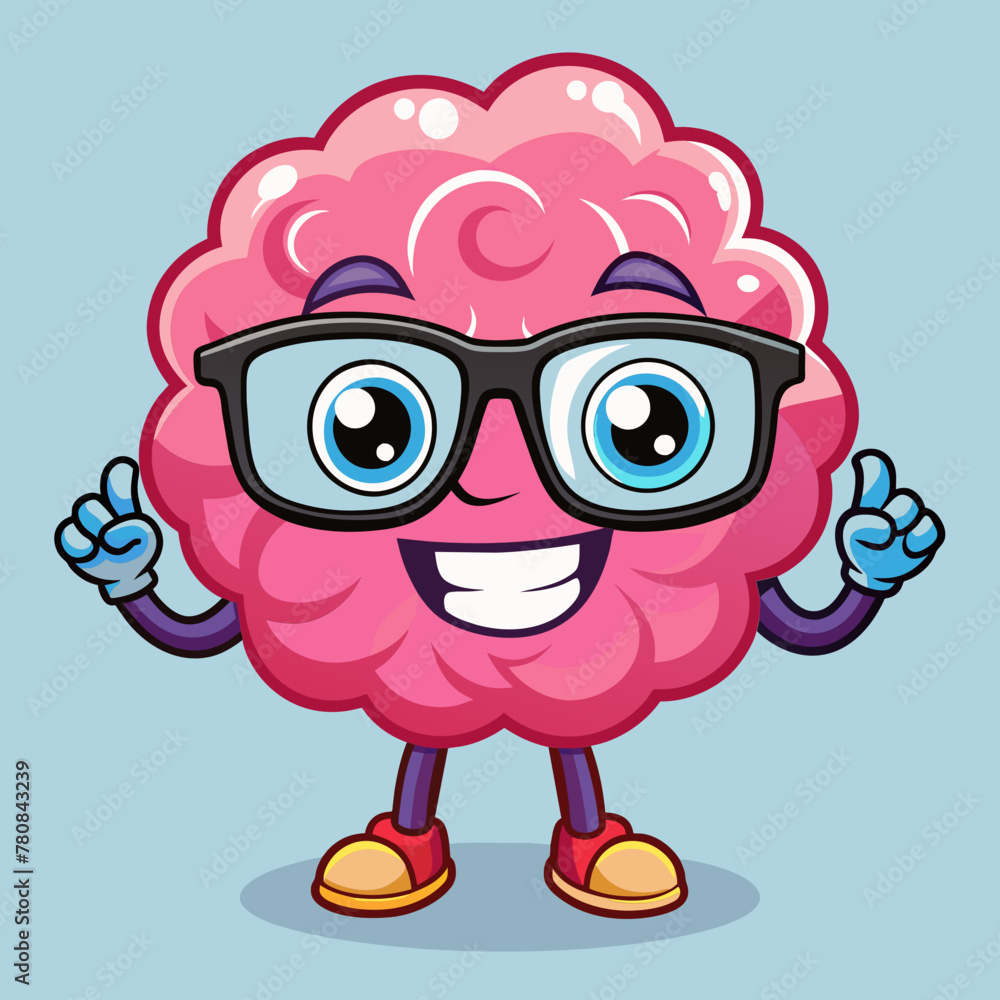Vector illustration of the pink color of the human brain with glasses ...