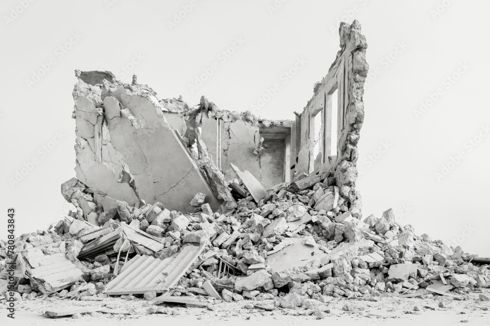 Damaged building after explosion. Part of the building hit by a rocket ...