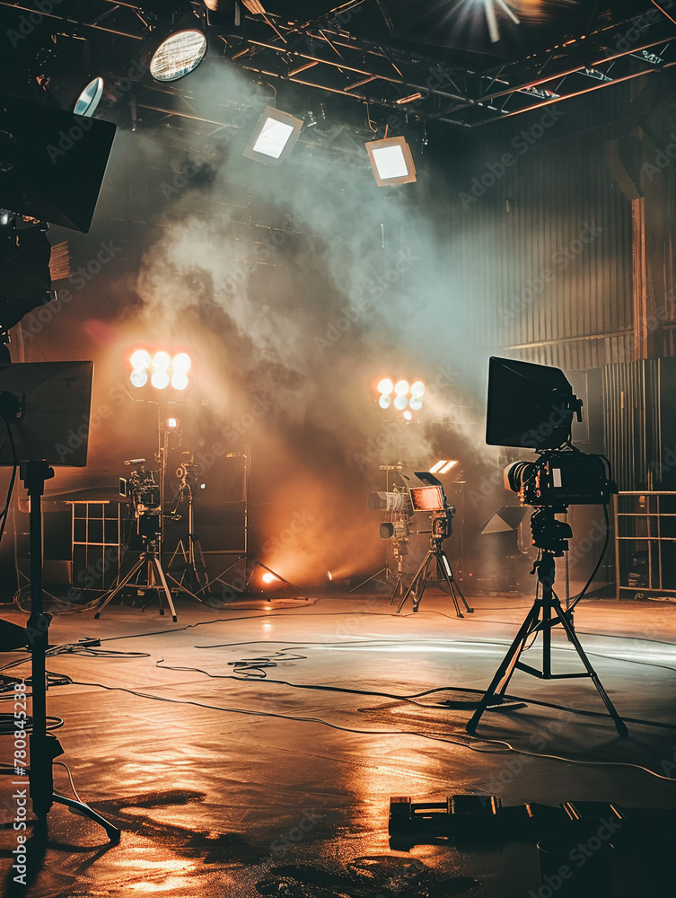 Cinematic set aglow with production lights, the stage for storytelling ...