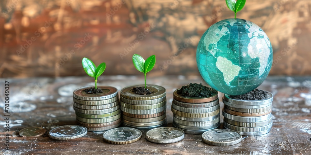 Green Globe with world map and stack of silver coins the seedlings are ...