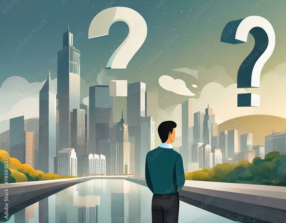 Man in silhouette pondering a decision with question marks hovering ...
