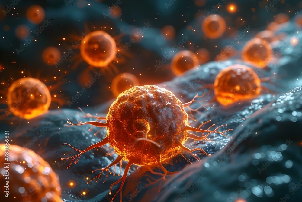 CAR T cells attacking cancer cells in a medical illustration. Concept ...