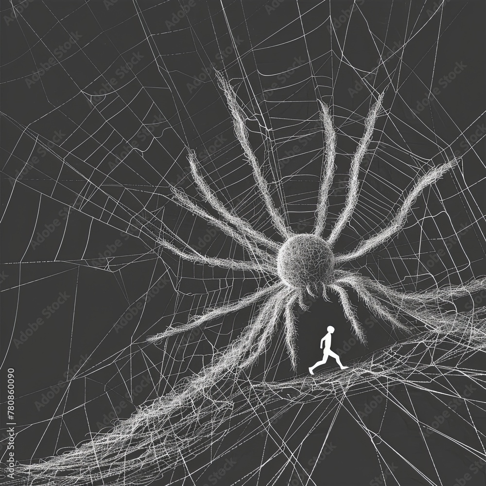 The black-and-white drawing shows a scary giant spider from which a man ...