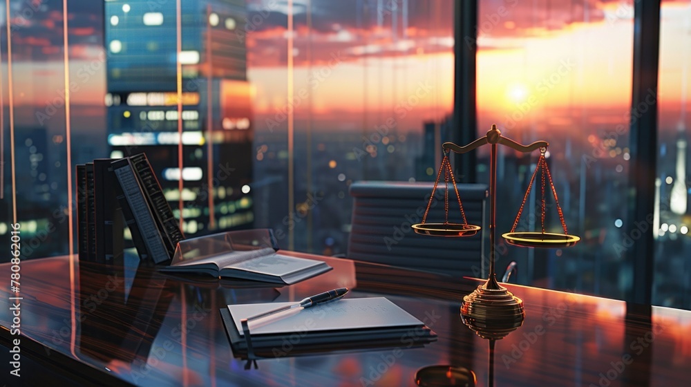 A lawyer's desk equipped with law books, a computer, and scales of ...