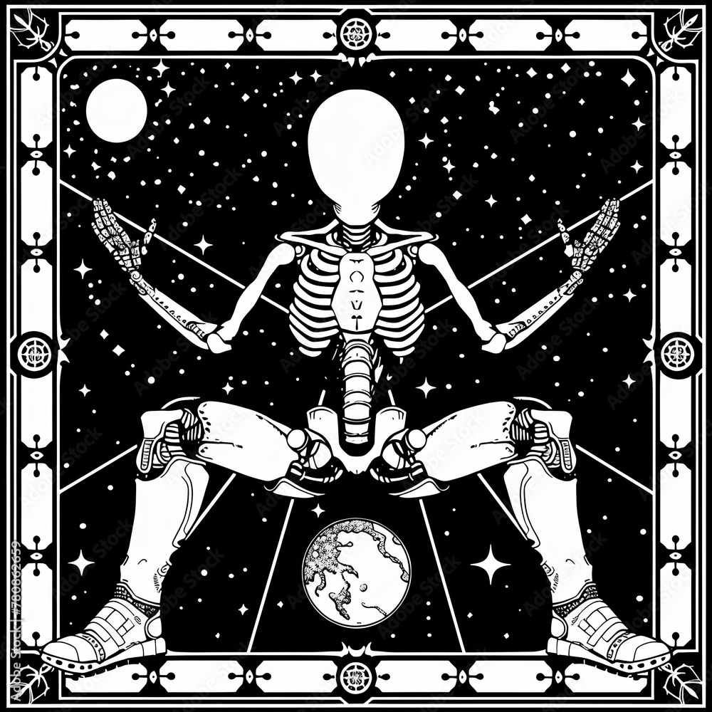 Skeleton-like deity on the background of night starry sky with planets ...