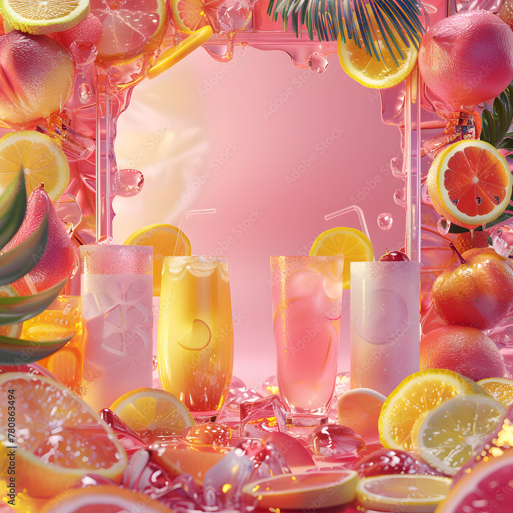 Cocktail party background with fresh tropical exotic fruits, lemon ...