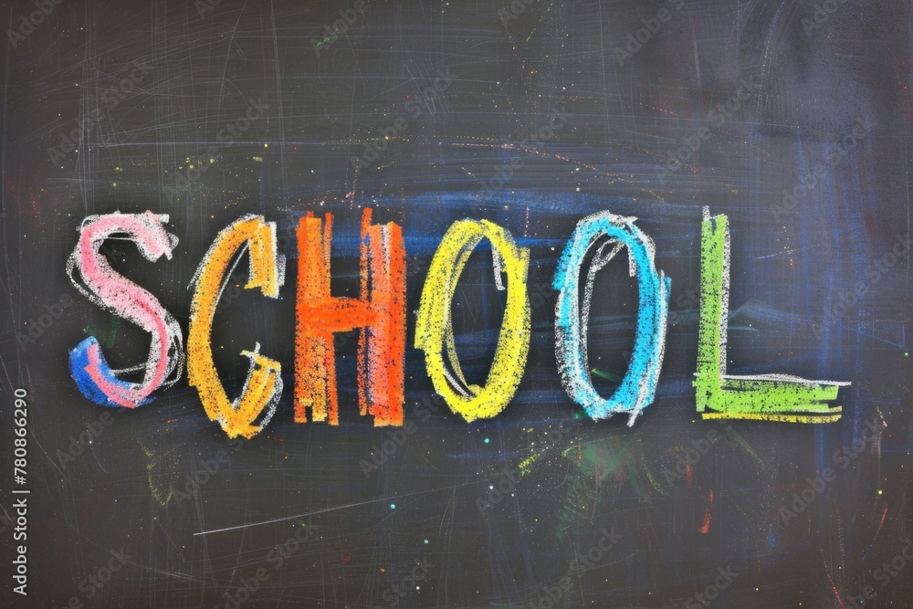Word 'SCHOOL' written in colorful chalk on a blackboard. Educational ...