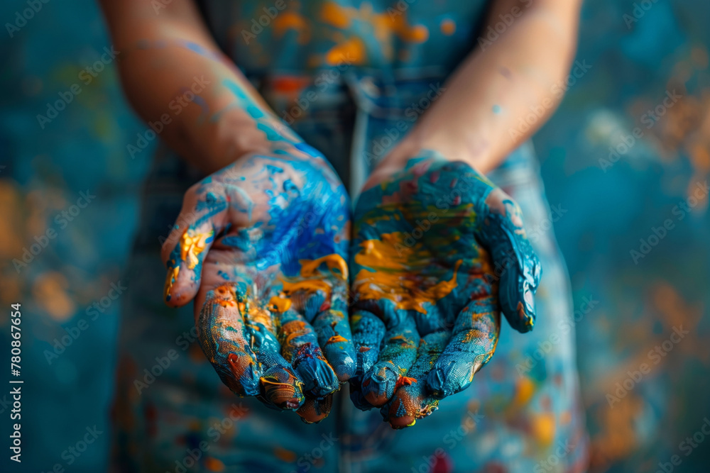 Close-up of paint-covered hands over a vibrant canvas, highlighting the ...