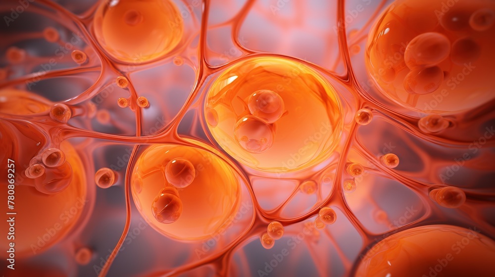 fat cells adipocytes under a microscope with an image of blood vessels ...