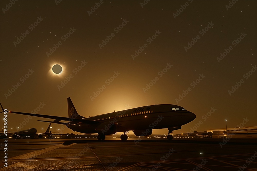 dramatic photo of an airplane on the tarmac during total solar eclipse ...