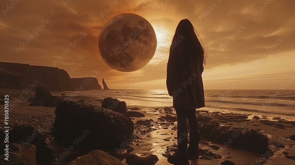 girl on alien planet beach, giant moon in sky, mysterious woman with ...