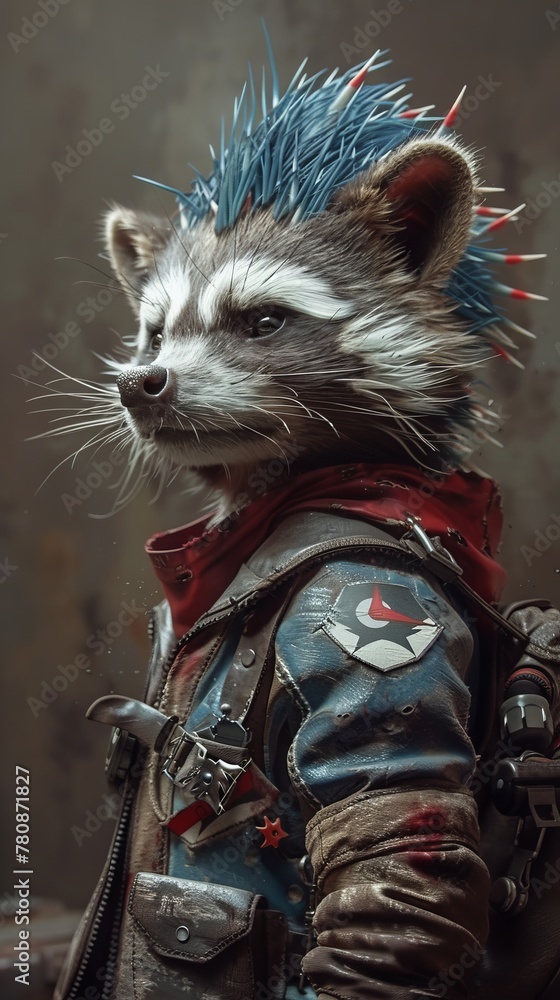 Black and white, high-contrast portrait of a hedgehog as a punk rocker ...