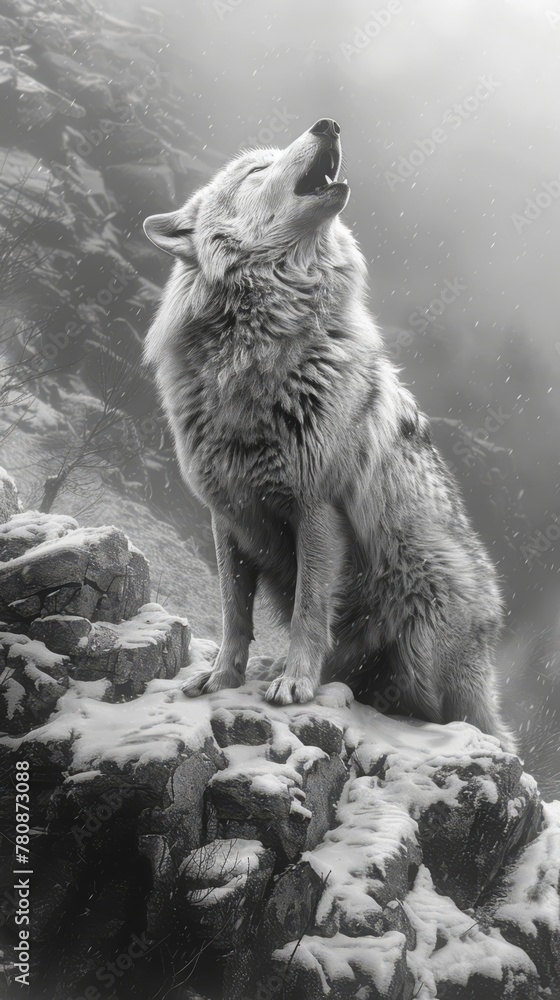 Black and white image of a majestic wolf howling on a rocky peak, with ...
