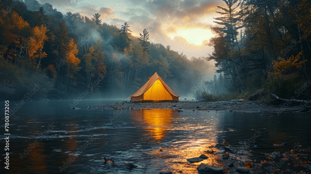 Camping tent in the woods next to a river. creature in the woods. night ...