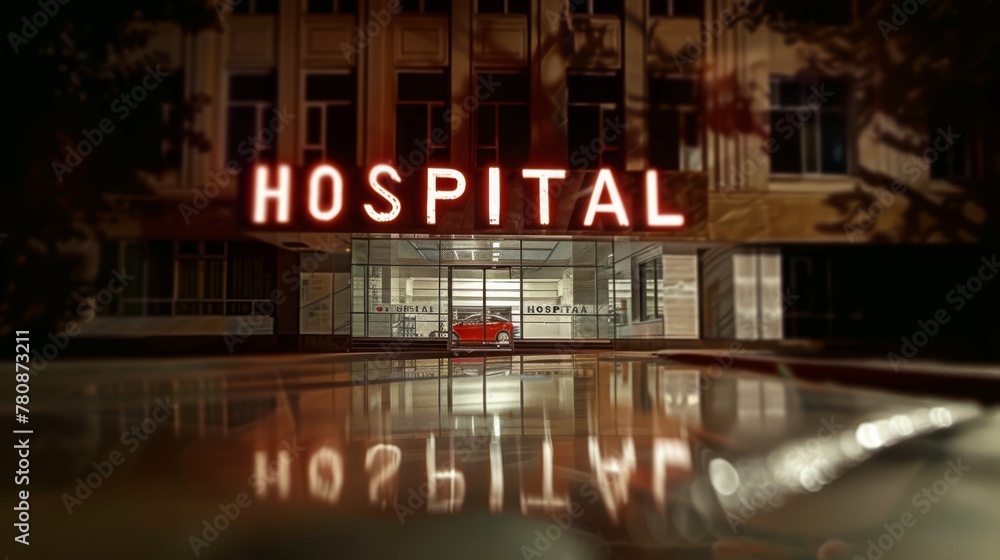 Hospital letters Are written in big red letters on the front of the ...