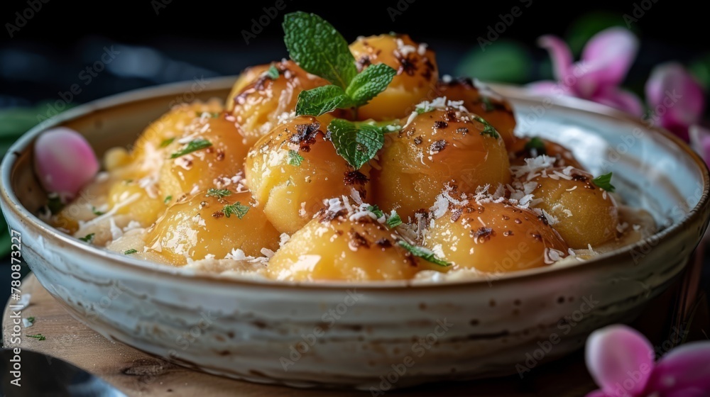 Caramelized mango cream on top like Creme Brulée accompanied with ...