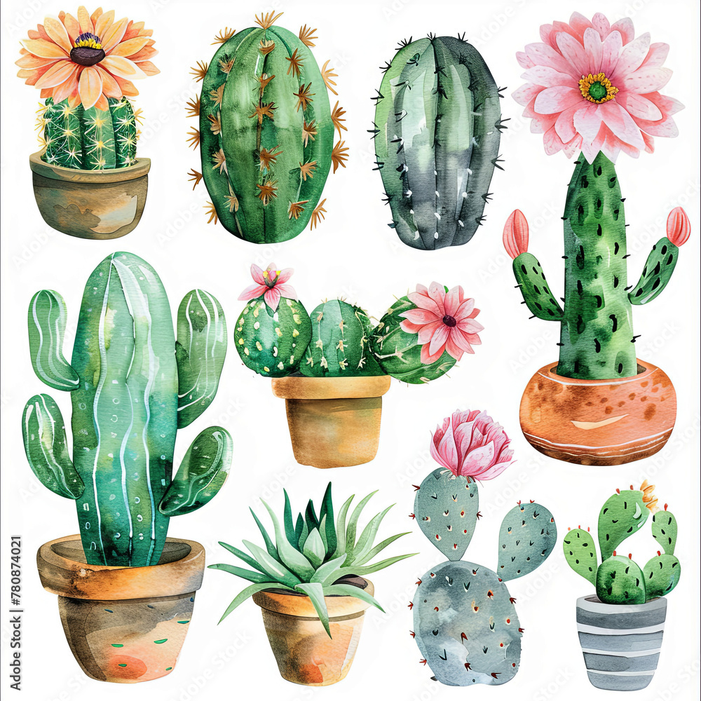 Versatile watercolor clipart set featuring a pack of cacti in pots ...