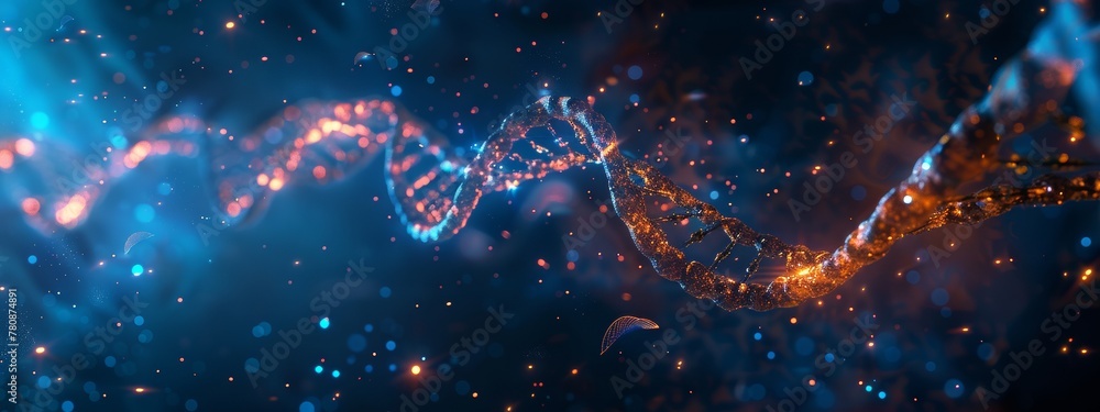 3D render of a double helix DNA structure floating in space, glowing ...