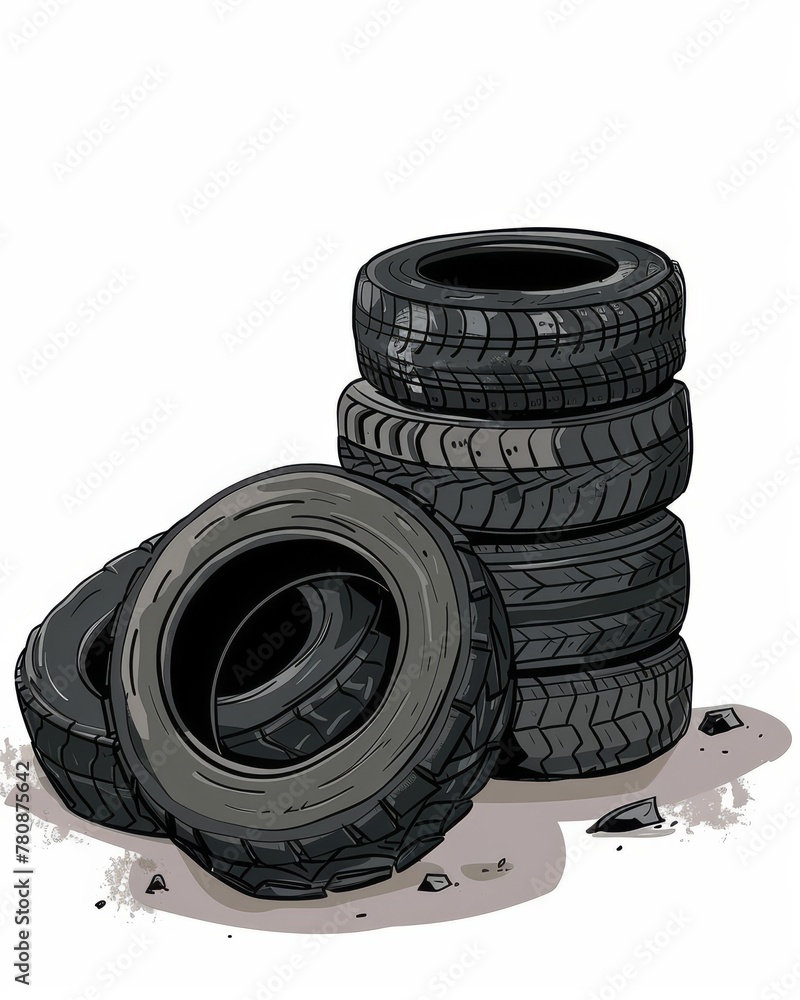 Stack of tires, solid white background, anime style illustration ...