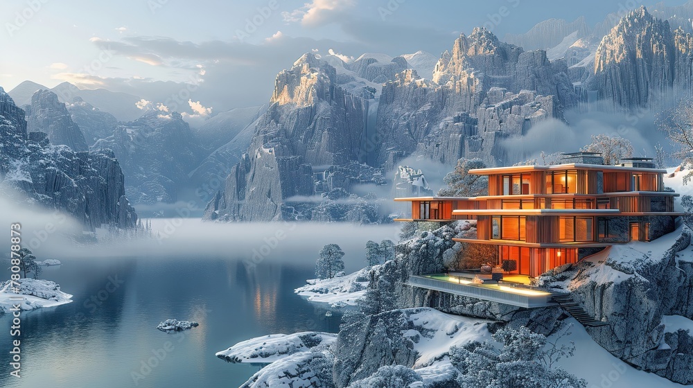 On a narrow ridge between two peaks a row of houses balances ...