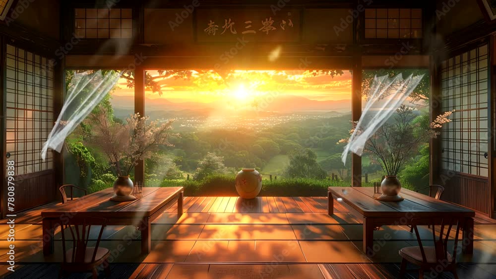 traditional Japanese house with large windows overlooking the sunset ...