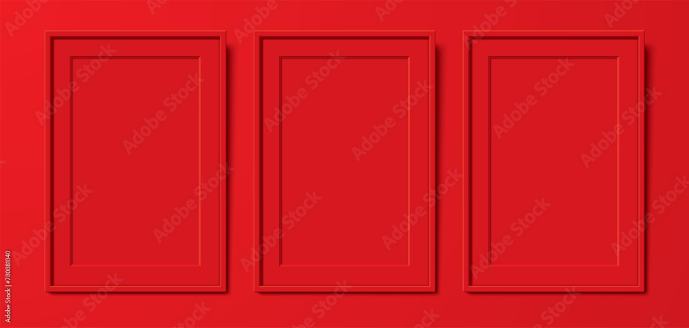 3 red blank poster frames hanging on the wall background. Poster ...