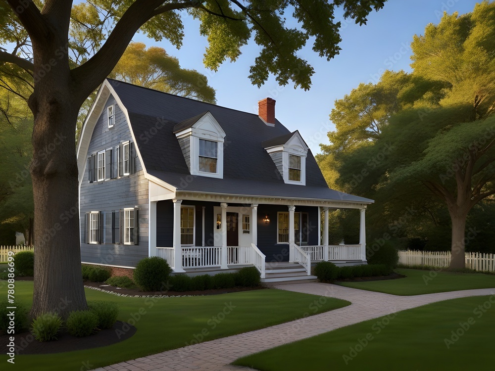 A Dutch colonial house with a gambrel roof, dormer windows, and a ...