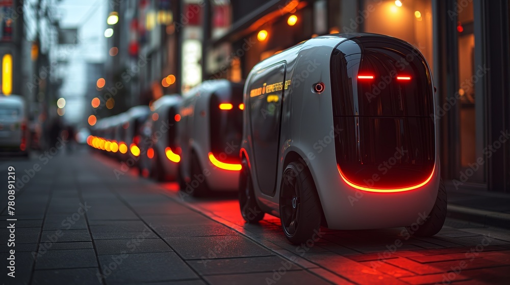 Night-time fleet of autonomous delivery robots, with glowing lights ...