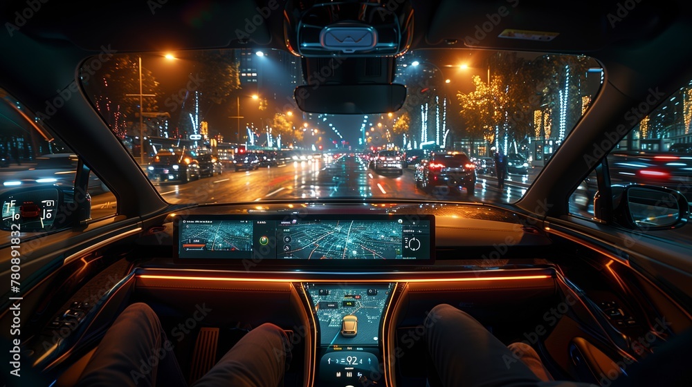 Luxury car interior, city night drive. Illuminated dashboard, advanced ...
