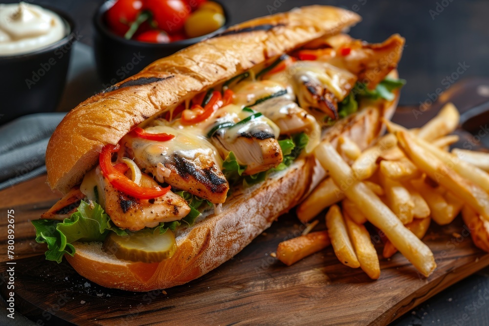 Chicken submarine sandwich with melted cheese veggies and fries Stock ...