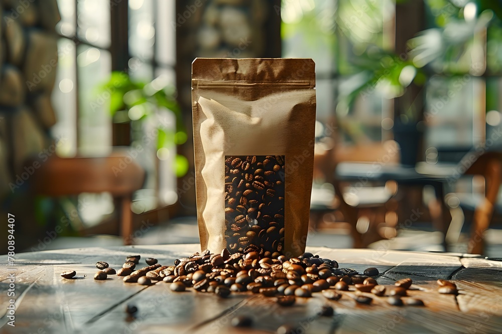 Creating a Coffee Packaging Mockup with Spilled Beans on a Table in ...