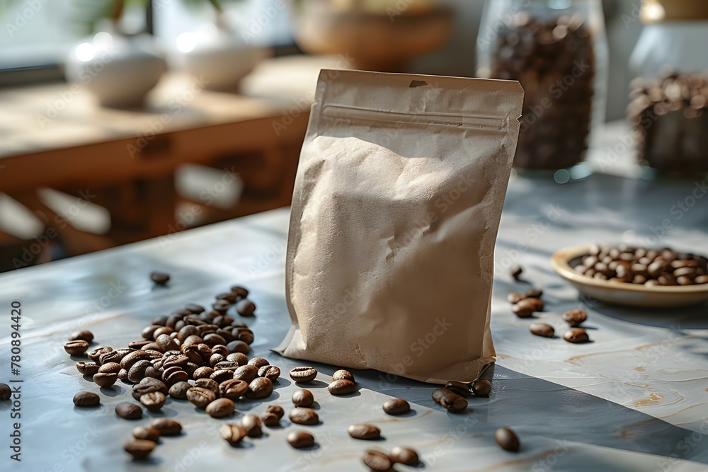 Creating a coffee packaging mockup with spilled beans on a table in ...