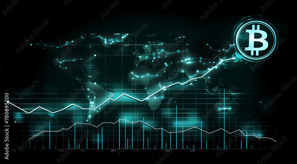 Bitcoin market chart with BTC logo and upward trending digital currency ...