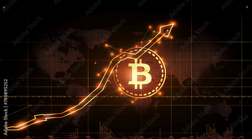 Bitcoin market chart with BTC logo and upward trending digital currency ...