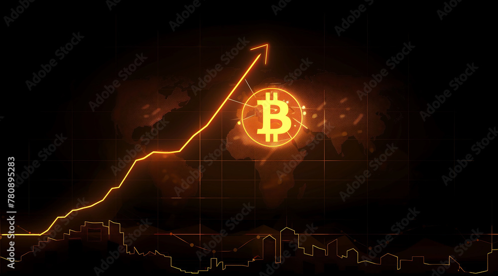 Bitcoin market chart with BTC logo and upward trending digital currency ...