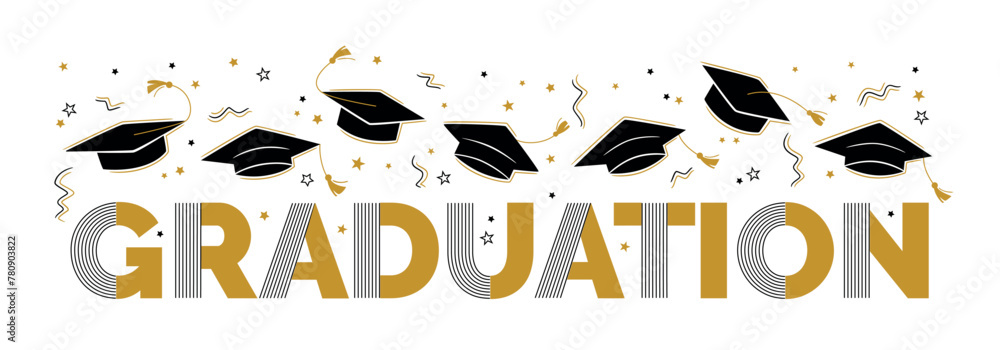 Graduation greeting sign with square academic caps high into the air ...