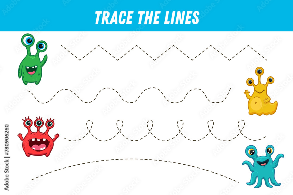 Tracing lines for kids. Cute cartoon monsters. Handwriting practice ...