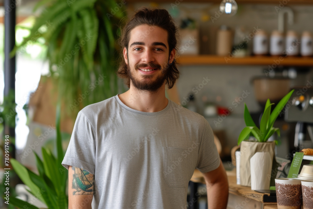 Handsome Gen Z entrepreneur at a zero-waste coffee shop. Smiling and ...