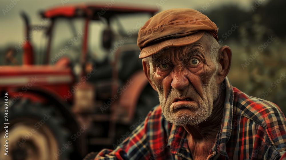 realistic photo, very angry german farmer in front of tractor Stock ...