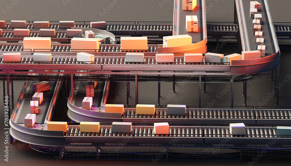 Several transporter tapes on which boxes move. Sorting center. Sending ...