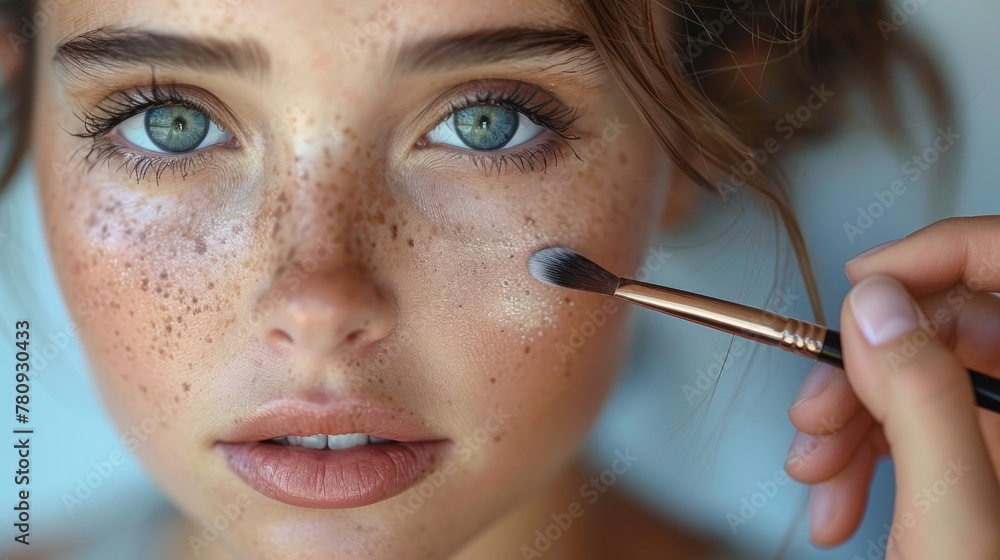 Woman applying makeup in front of mirror. Beautiful girl getting blush ...