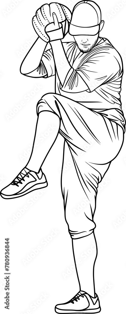 pitcher, baseball player throwing ball, vector outline illustration ...