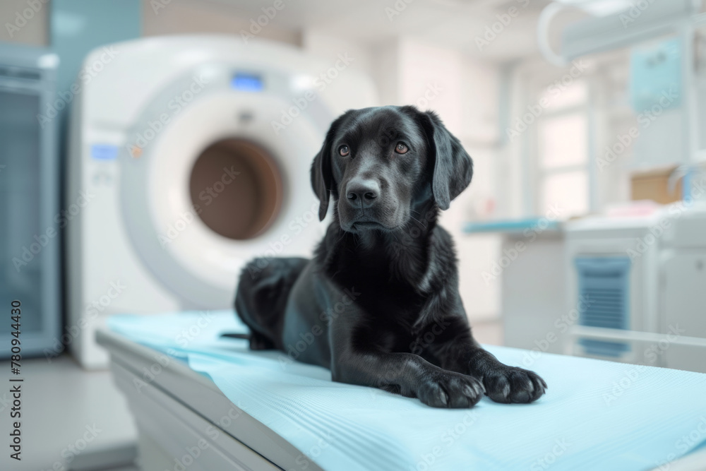 A black dog lying on a bed in a clinic waiting for an MRT or CT scan. Animal computed tomography ...