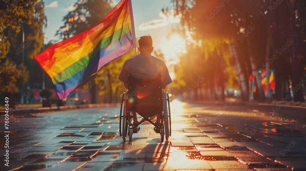 Dsabled gay person in wheelchair with rainbow flag on street parade ...