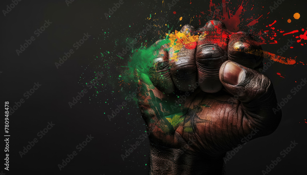 powerful fist raised in celebration of juneteenth with vivid paint ...