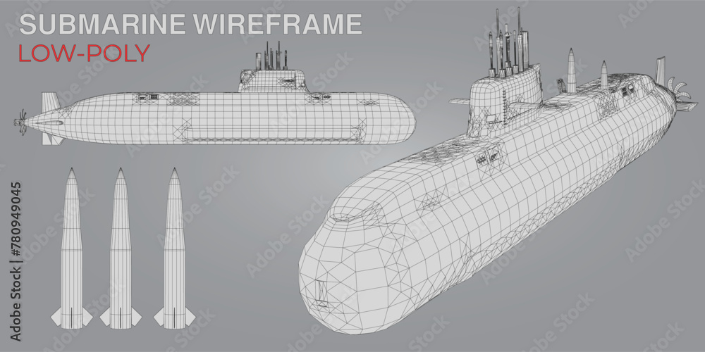 low poly wireframe model of a modern submarine and ballistic missiles ...