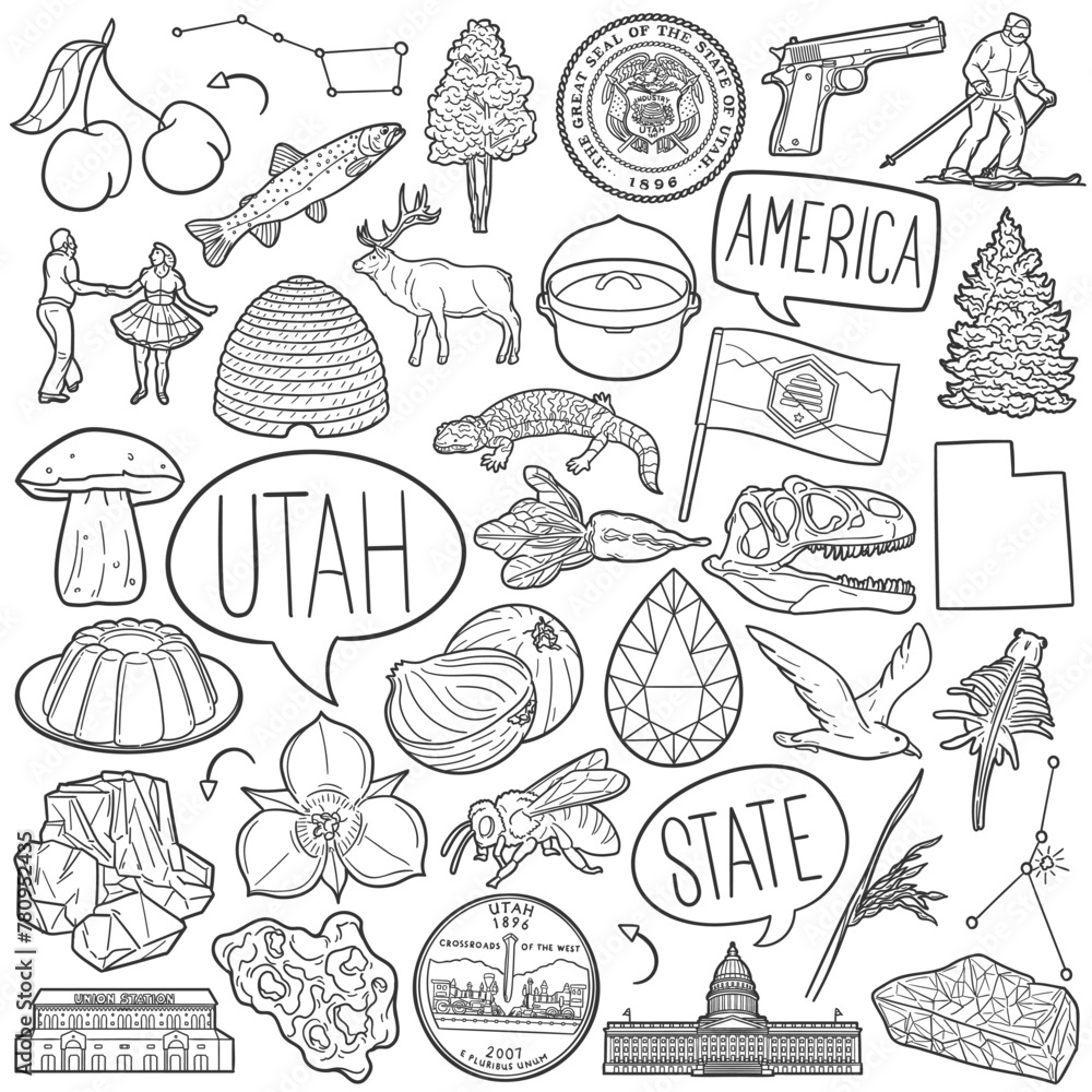 Utah Doodle Icons Black and White Line Art. USA State Clipart Hand ...