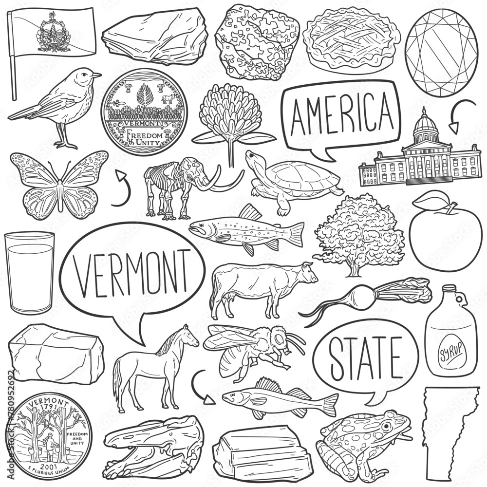 Vermont Doodle Icons Black and White Line Art. USA State Clipart Hand ...